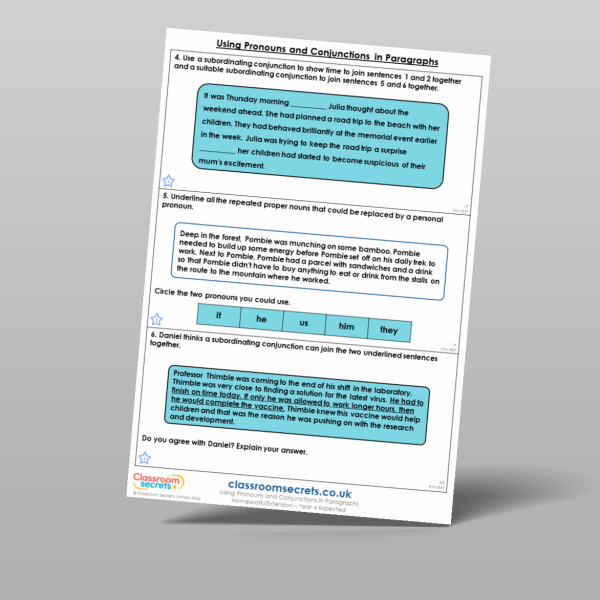 Year 4 Using Pronouns And Conjunctions In Paragraphs Homework Resource ...