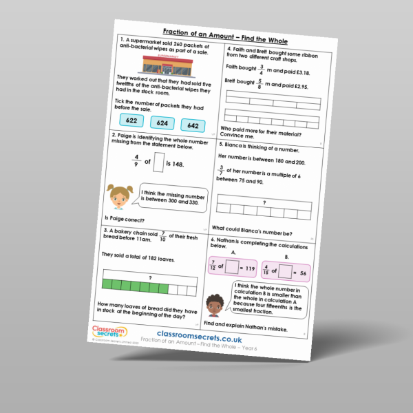 Year 6 Fraction Of An Amount Find The Whole Mixed Activity Resource ...