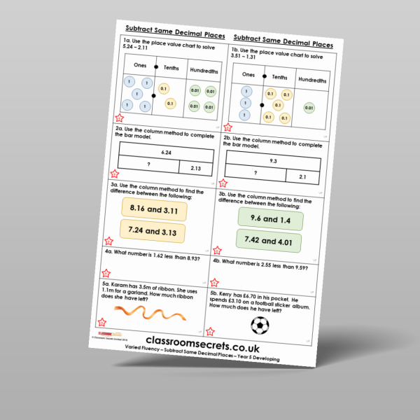 Year 5 Subtract Same Decimal Places Varied Fluency Resource | Classroom ...