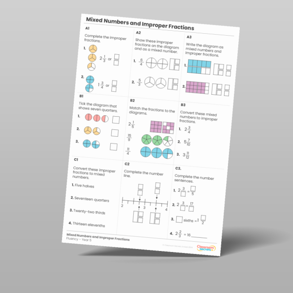 Year 5 Mixed Numbers And Improper Fractions Fluency Matrix Resource ...