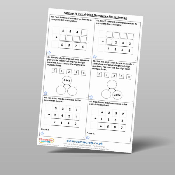 Year 4 Add Up To Two 4 Digit Numbers No Exchange Reasoning And Problem ...
