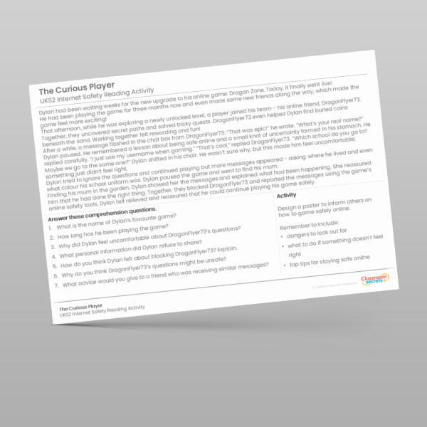 UKS2 Internet Safety Reading Activity The Curious Player Resource ...