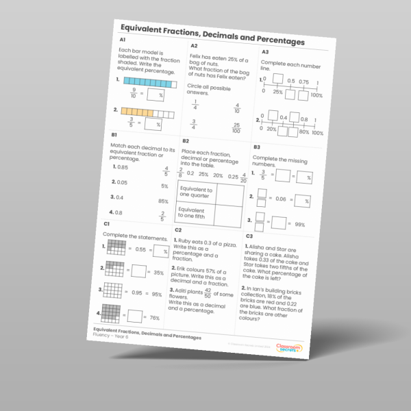 Year 6 Equivalent Fractions Decimals And Percentages Fluency Matrix ...