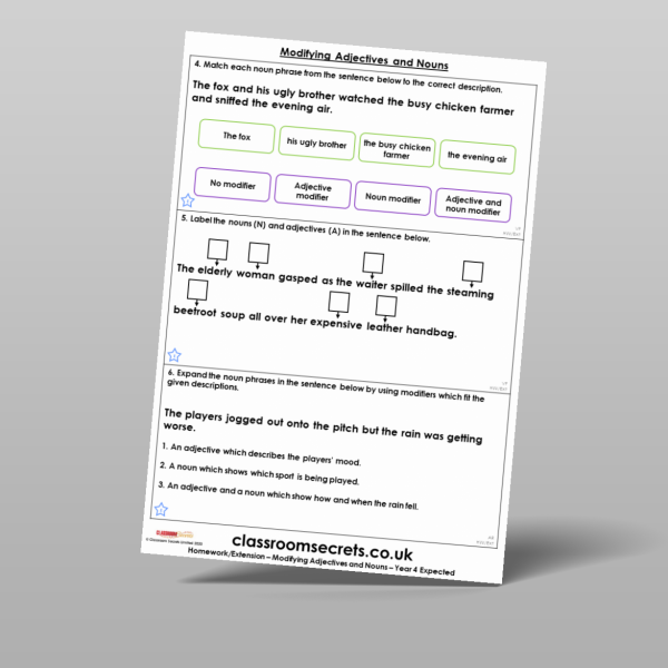 Year 4 Modifying Adjectives And Nouns Homework Resource | Classroom Secrets