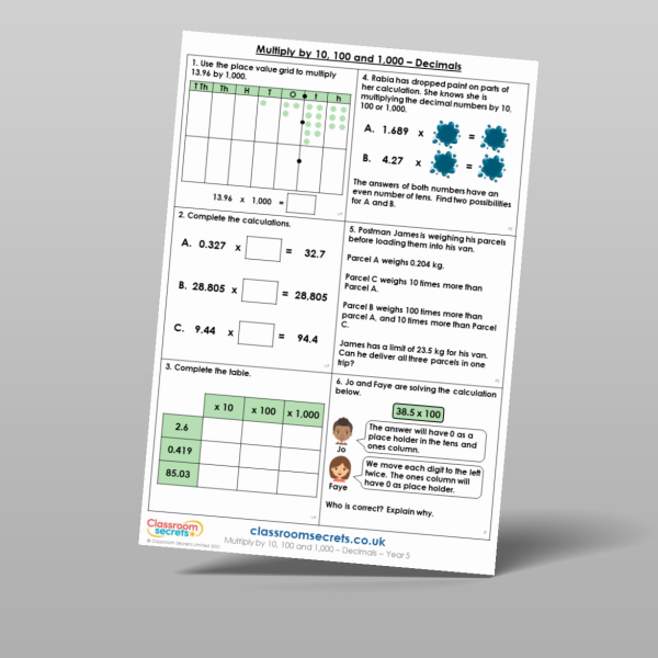 Year 5 Multiply By 10 100 And 1 000 Mixed Activity Resource | Classroom ...
