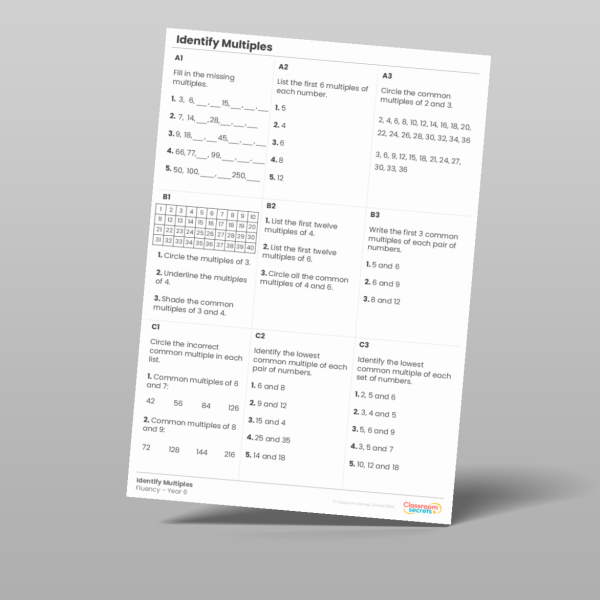 Year 6 Identify Multiples Fluency Matrix Resource | Classroom Secrets