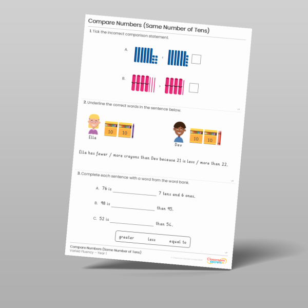 Year 1 Compare Numbers Same Number Of Tens Varied Fluency Resource ...