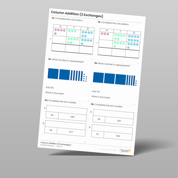 Year 3 Column Addition 2 Exchanges Varied Fluency Resource | Classroom ...