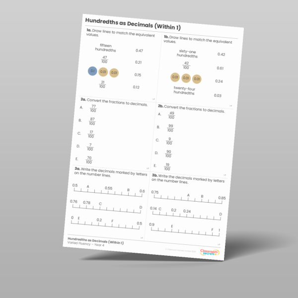 Year 4 Hundredths As Decimals Within 1 Varied Fluency Resource ...