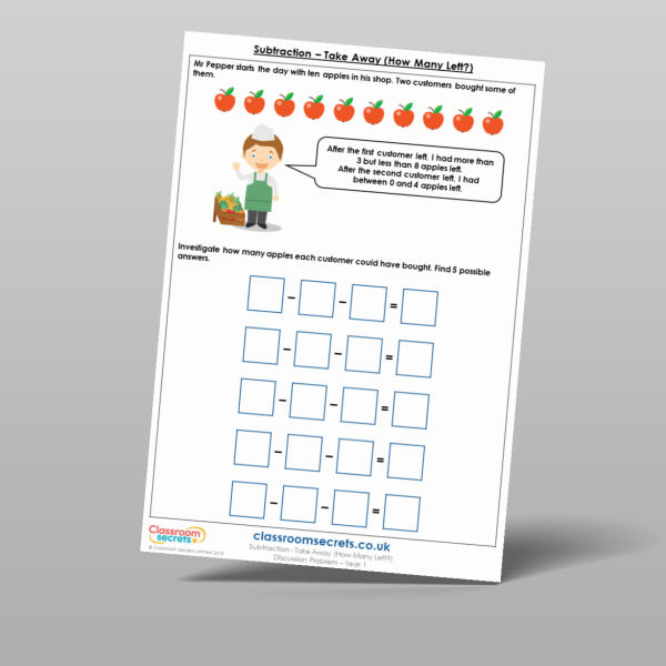 Year 1 Subtraction Take Away How Many Left Discussion Problem Resource ...