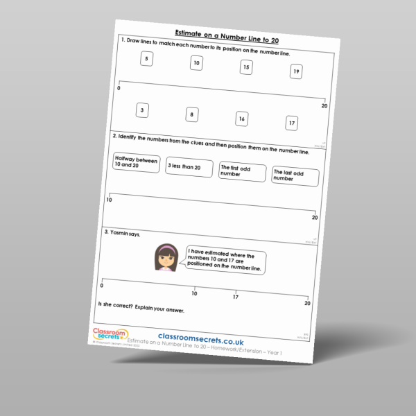 Year 1 Estimate On A Number Line To 20 Homework Resource | Classroom ...