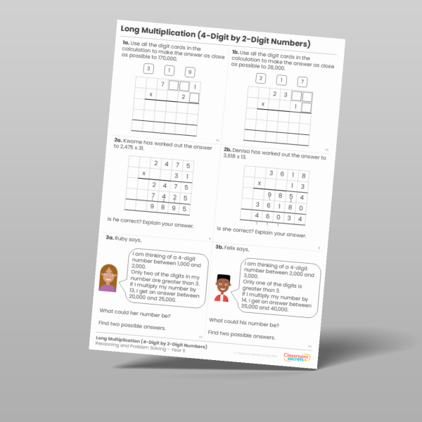 Year 6 Long Multiplication 4 Digit By 2 Digit Numbers Reasoning And Problem Solving Resource ...
