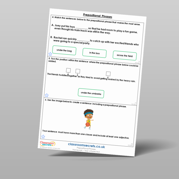 Year 4 Prepositional Phrases Homework Resource | Classroom Secrets