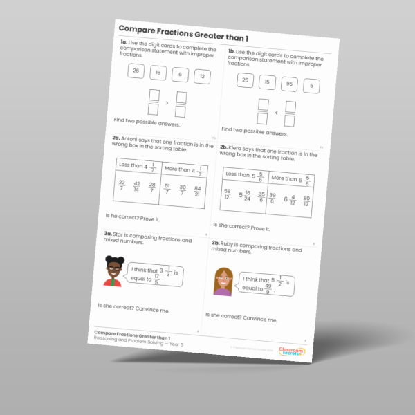 Compare Fractions Greater than 1 Reasoning and Problem Solving Resource ...