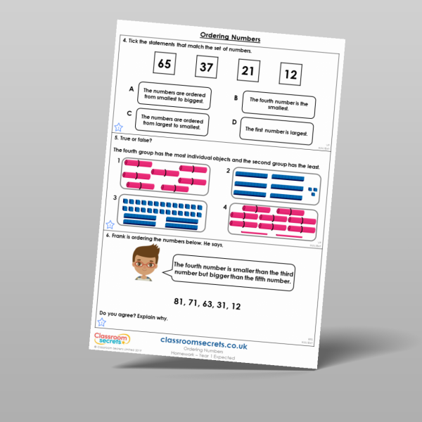 Year 1 Ordering Numbers Homework Resource | Classroom Secrets