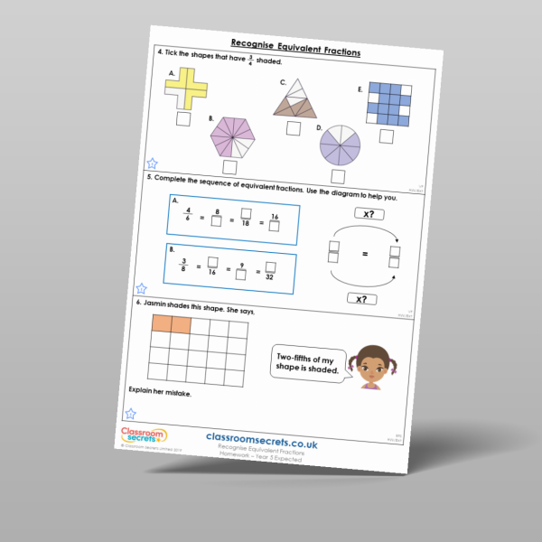 Year 5 Recognise Equivalent Fractions Homework Resource | Classroom Secrets