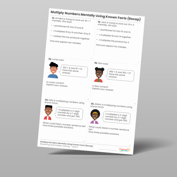Year 5 Multiply Numbers Mentally Using Known Facts Recap Reasoning And ...