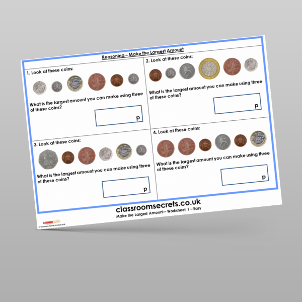 KS1 Make The Largest Amount Reasoning Test Practice Resource ...