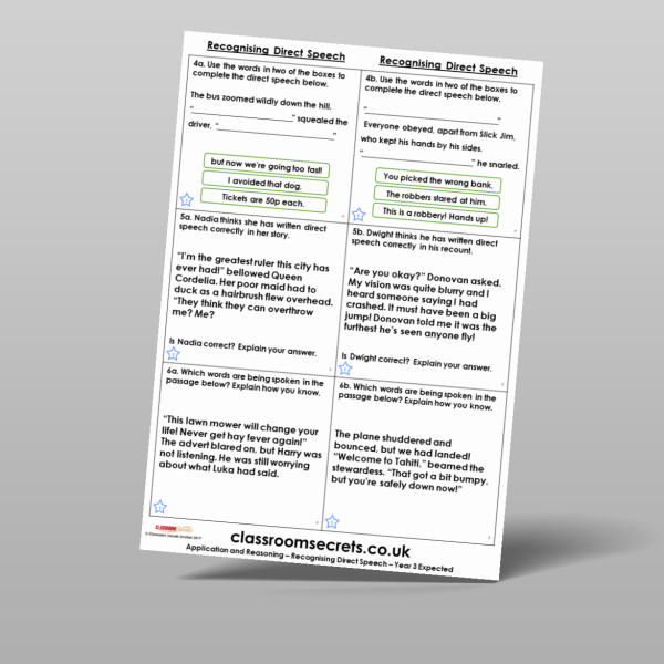 Year 3 Recognising Direct Speech Application And Reasoning Resource