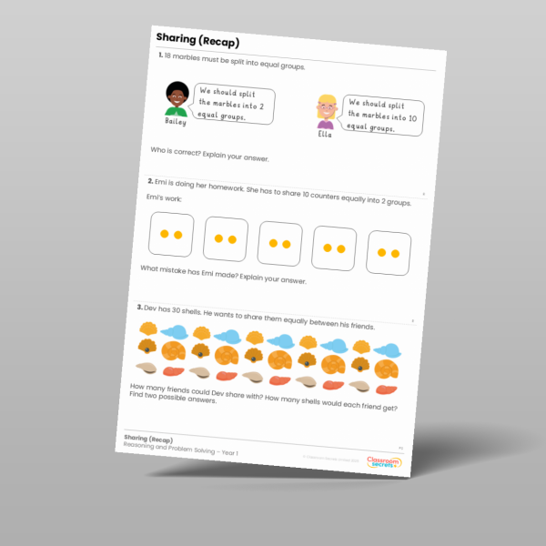 Year 1 Sharing Recap Reasoning And Problem Solving Resource Classroom Secrets