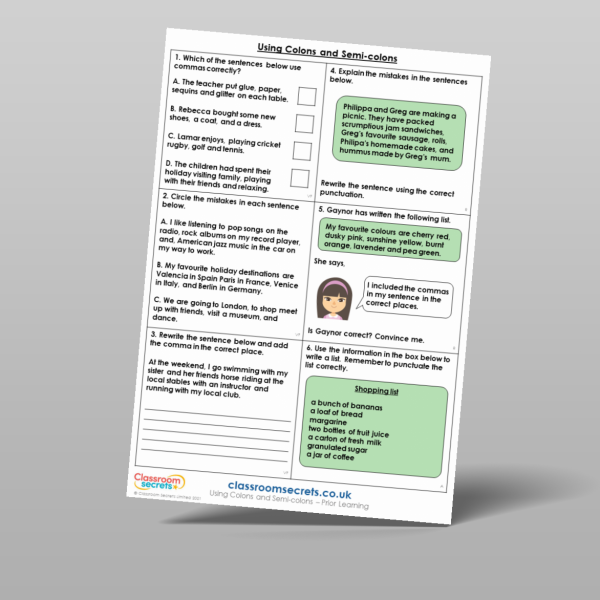 Year 6 Using Colons And Semi Colons Prior Learning Resource | Classroom ...
