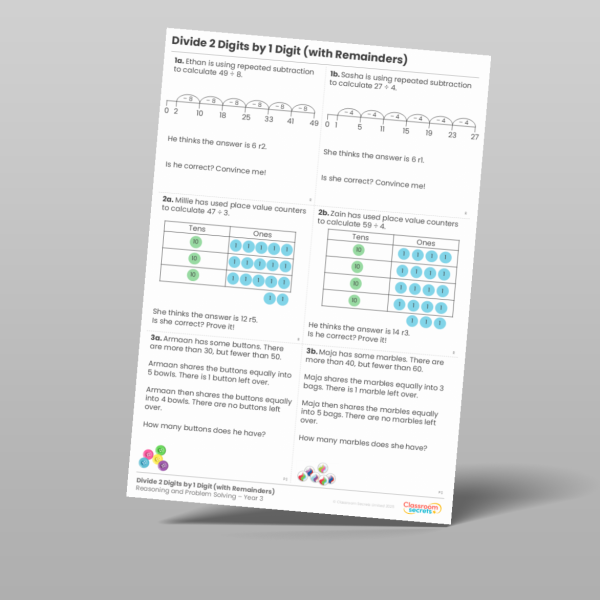 Year 3 Divide 2 Digits By 1 Digit With Remainders Reasoning And Problem ...