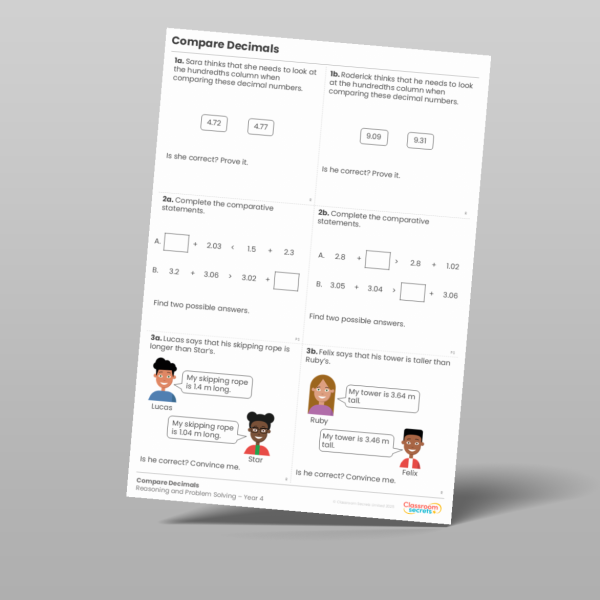 Y4 Compare Decimals Reasoning And Problem Solving Resource | Classroom ...