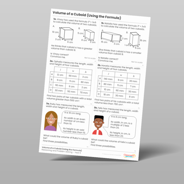 Year 6 Volume Of A Cuboid Using The Formula Reasoning And Problem Solving Resource | Classroom ...