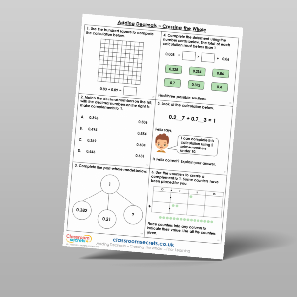 Year 5 Adding Decimals Crossing The Whole Prior Learning Resource ...