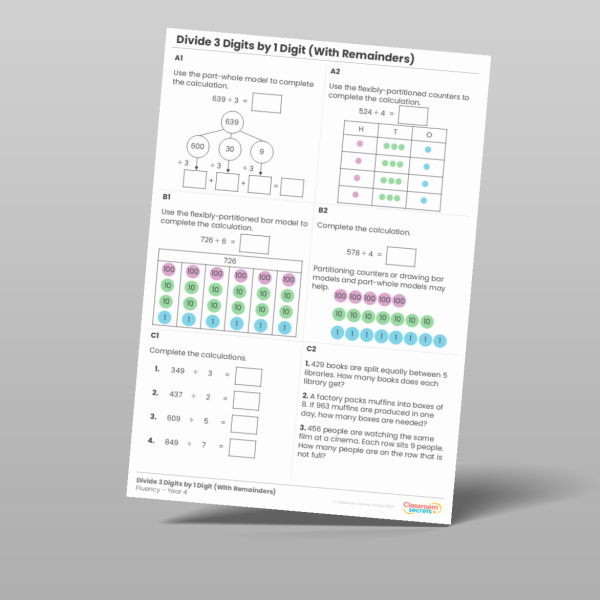 Year 4 Divide 3 Digits By 1 Digit With Remainders Fluency Matrix Resource | Classroom Secrets