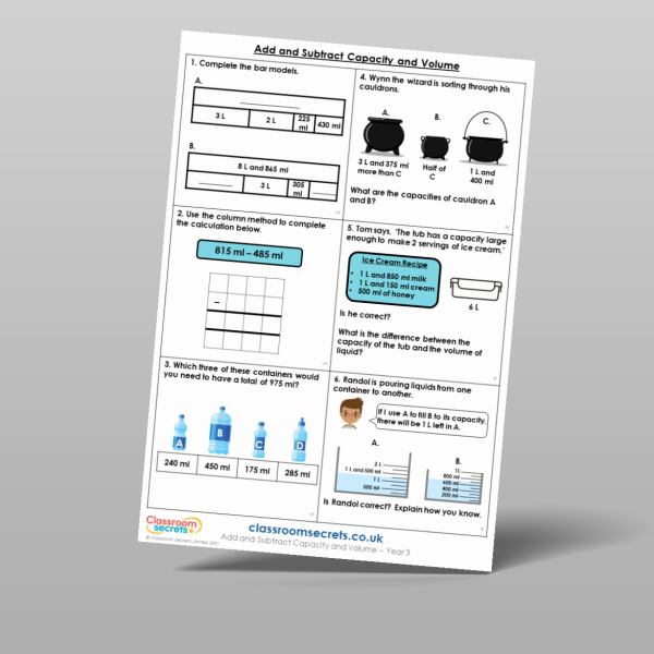 Year 3 Add And Subtract Capacity And Volume Mixed Activity Resource | Classroom Secrets