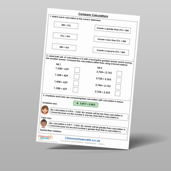 Year 5 Compare Calculations Homework Resource | Classroom Secrets