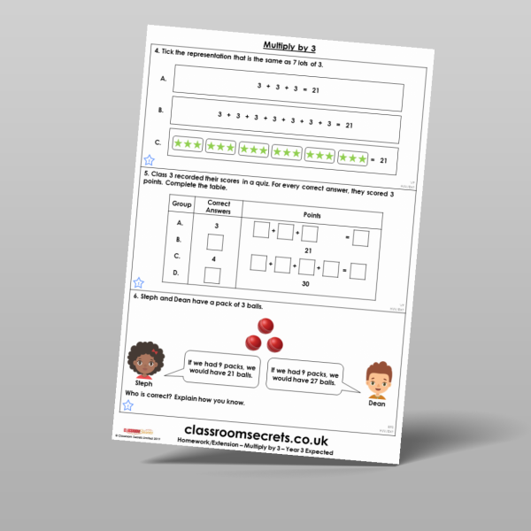 Year 3 Multiply By 3 Homework Resource | Classroom Secrets