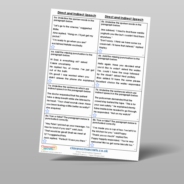 Year 5 Direct And Indirect Speech Varied Fluency Resource | Classroom ...