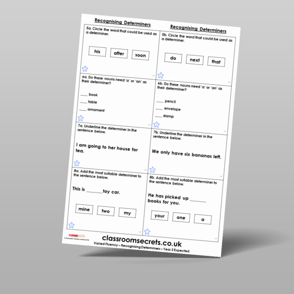 Year 3 Recognising Determiners Varied Fluency Resource Classroom Secrets