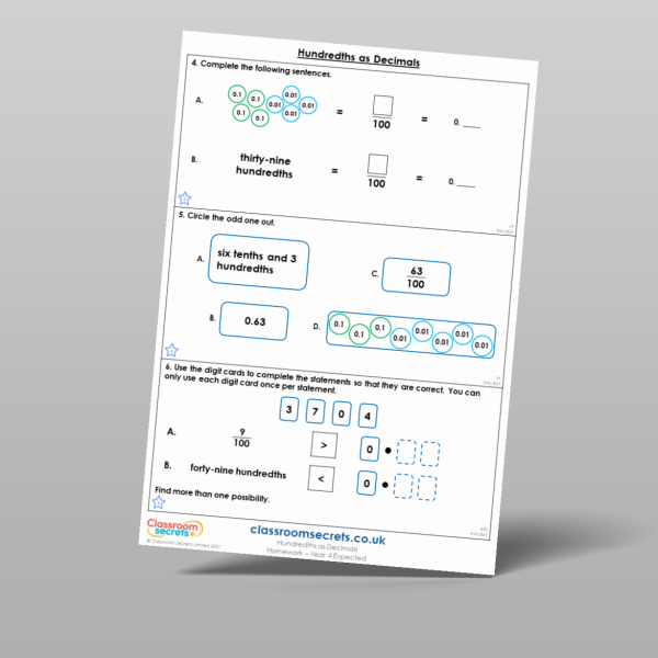 Year 4 Hundredths As Decimals Homework Resource | Classroom Secrets