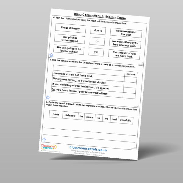 Year 3 Using Conjunctions To Express Cause Homework Resource Classroom Secrets