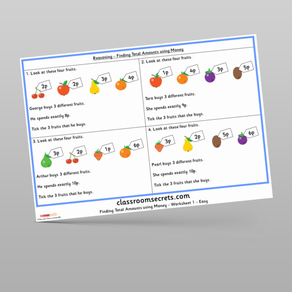 KS1 Finding Total Amounts Using Money Reasoning Test Practice Resource ...