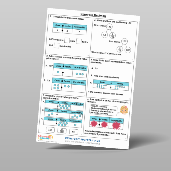 Year 4 Compare Decimals Prior Learning Resource | Classroom Secrets