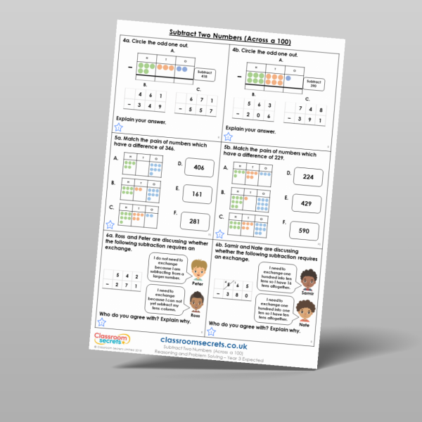 Year 3 Subtract Two Numbers Across A 100 Reasoning And Problem Solving ...