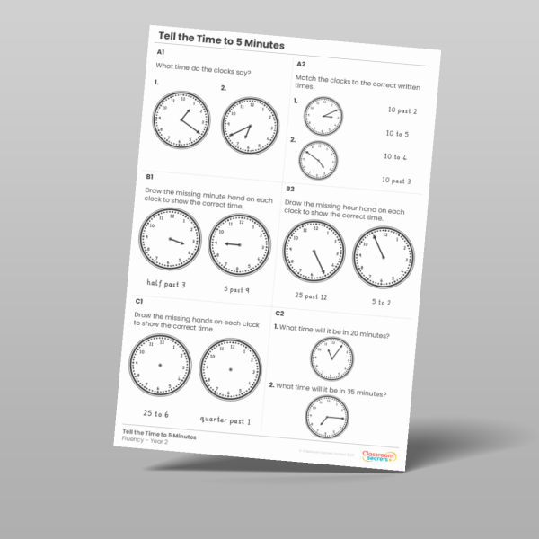 Year 2 Tell The Time To 5 Minutes Fluency Matrix Resource | Classroom ...
