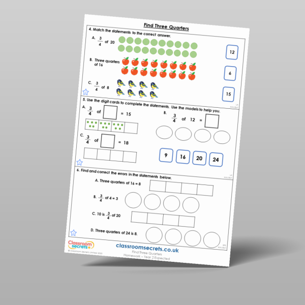 Year 2 Find Three Quarters Homework Resource | Classroom Secrets