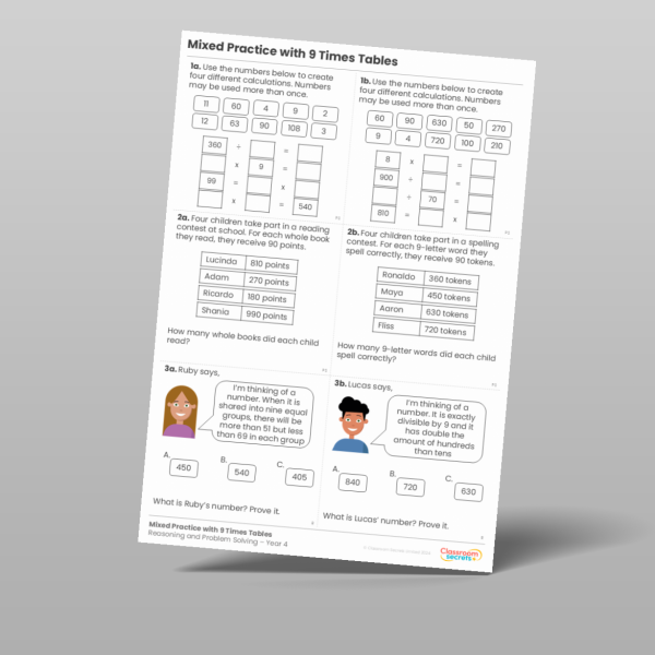 Year 4 Mixed Practice With 9 Times Tables Reasoning And Problem Solving ...