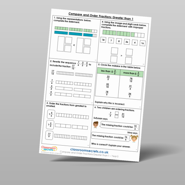 Year 5 Compare And Order Fractions Greater Than 1 Mixed Activity ...