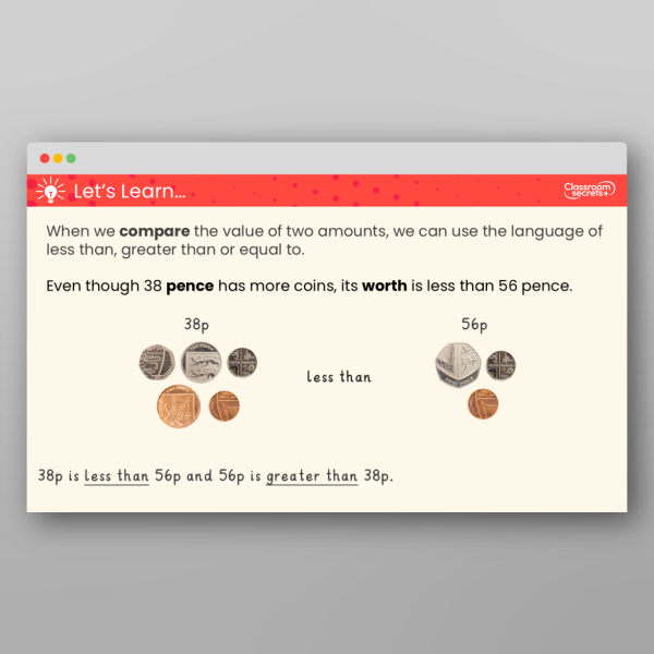 Year 2 Compare Amounts Of Money Teaching Ppt Resource | Classroom Secrets