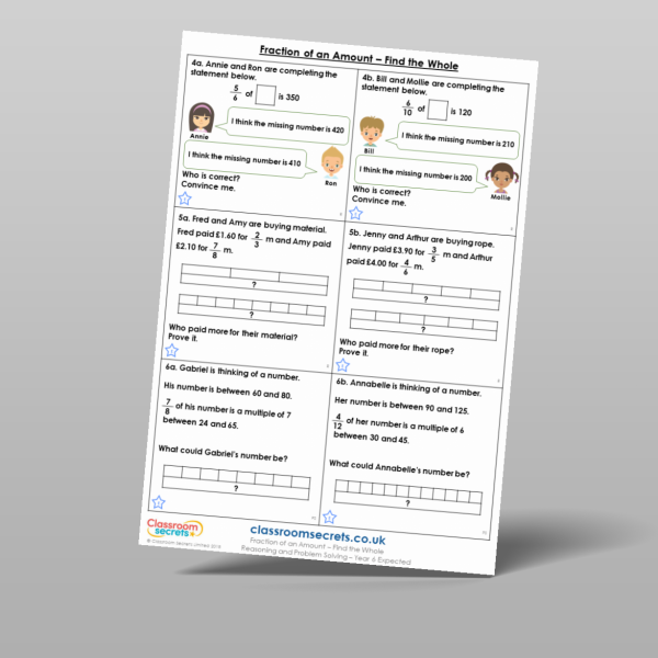 Year 6 Fraction Of An Amount Find The Whole Reasoning And Problem Solving Resource | Classroom ...