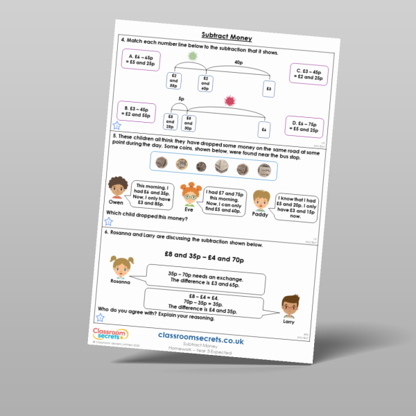 Year 3 Subtract Money Homework Resource | Classroom Secrets