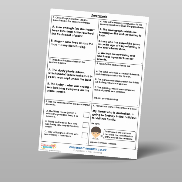 Year 6 Parenthesis Prior Learning Resource | Classroom Secrets