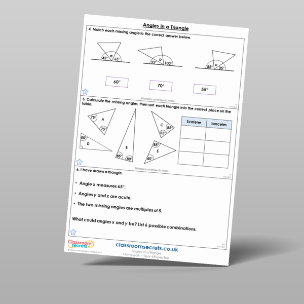 Year 6 Angles In A Triangle Homework Resource | Classroom Secrets
