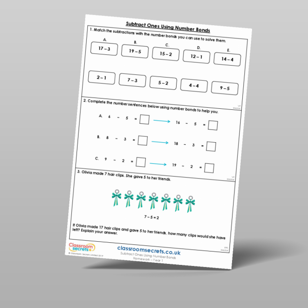 Year 1 Subtract Ones Using Number Bonds Homework Resource | Classroom ...